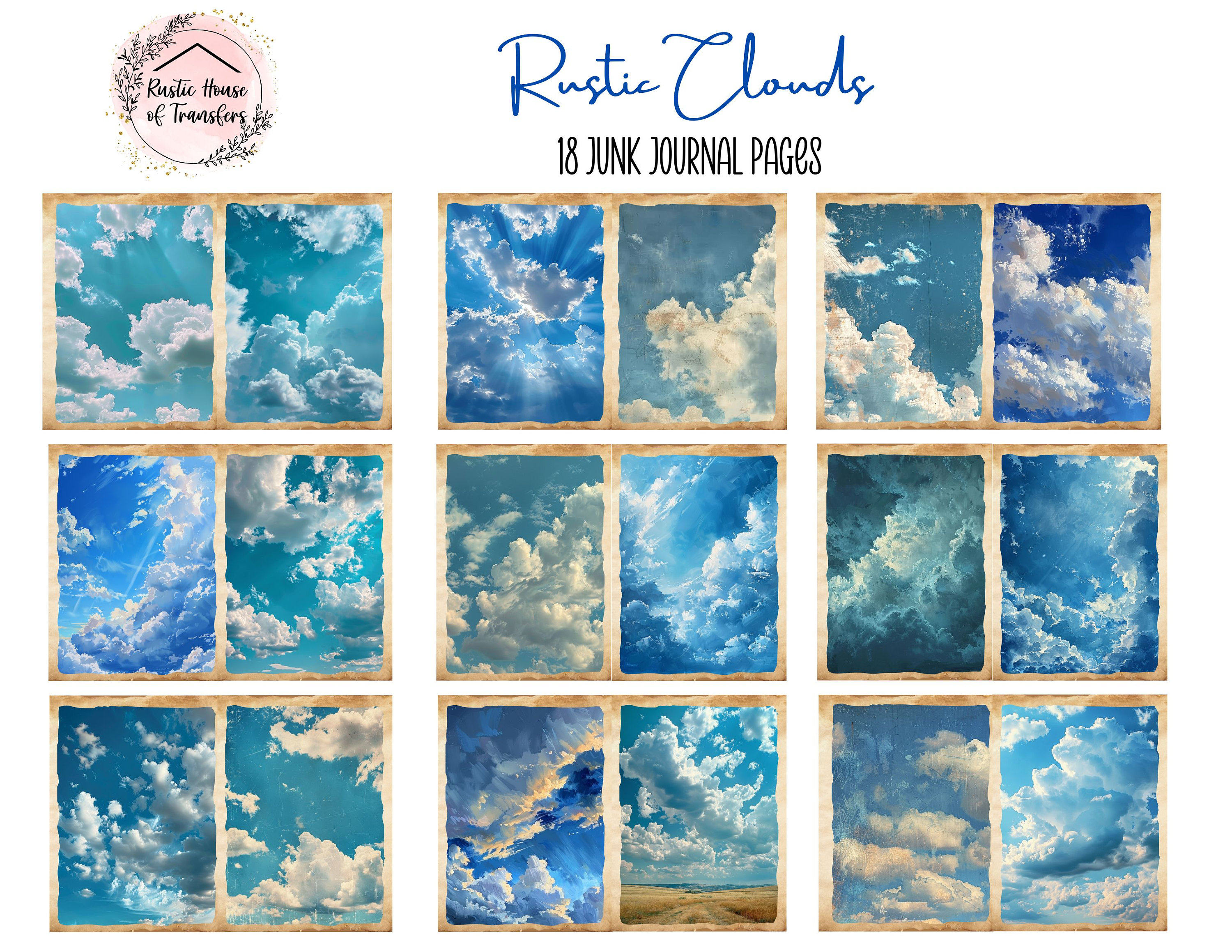 Rustic Blue Clouds / Cloudy Skies Junk Journal Pages / Pillow Clouds ...