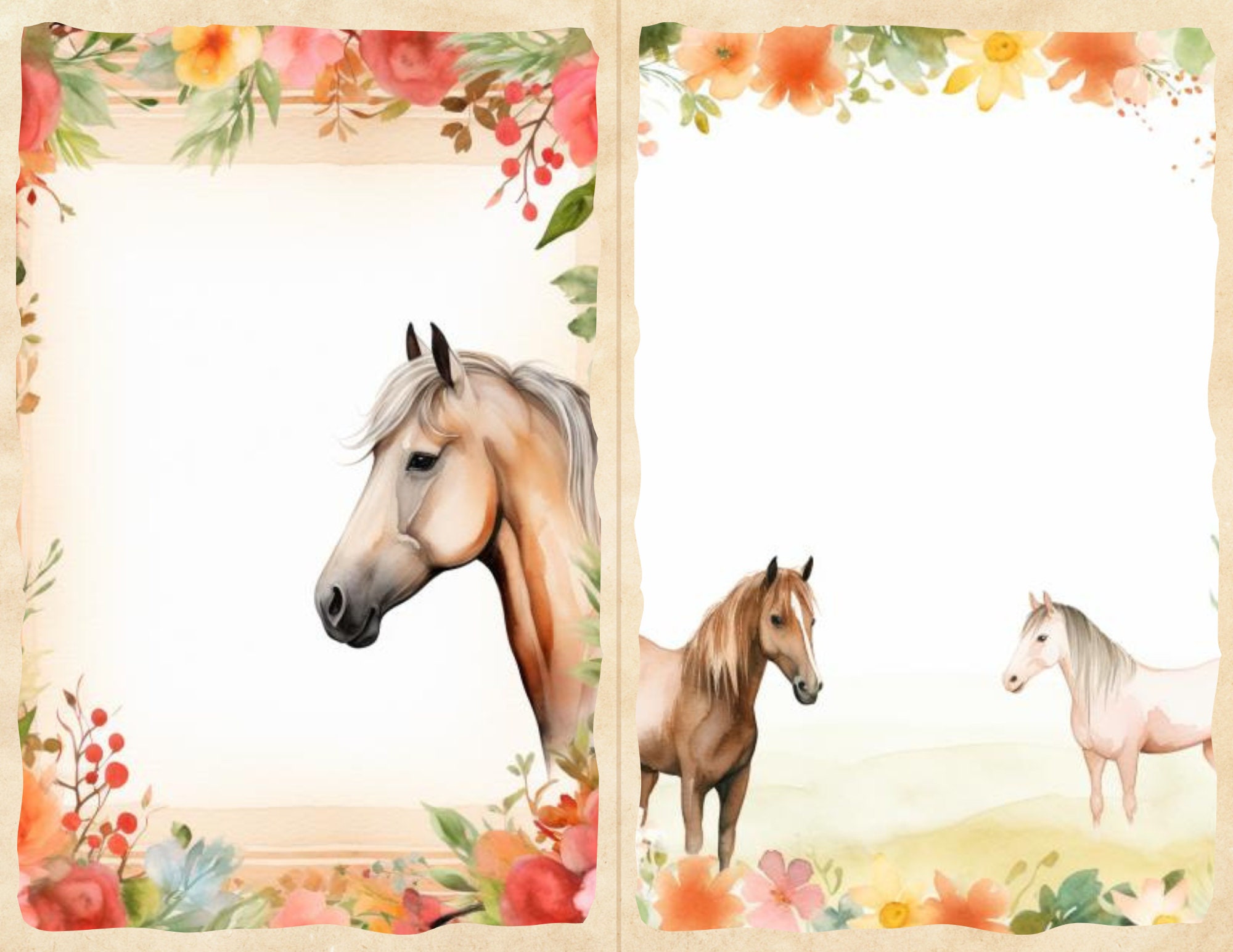 Horse Stationary Paper Border Prints / Flowers Junk Journal Page / Collage / Junk Journal ...