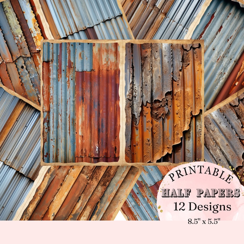 Old Rusty Corrugated Metal Pieces Half Pages Junk Journal Collage ...