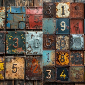 Old Vintage Rustic Number Blocks Mix Media Collage Junk Journal Metal ...