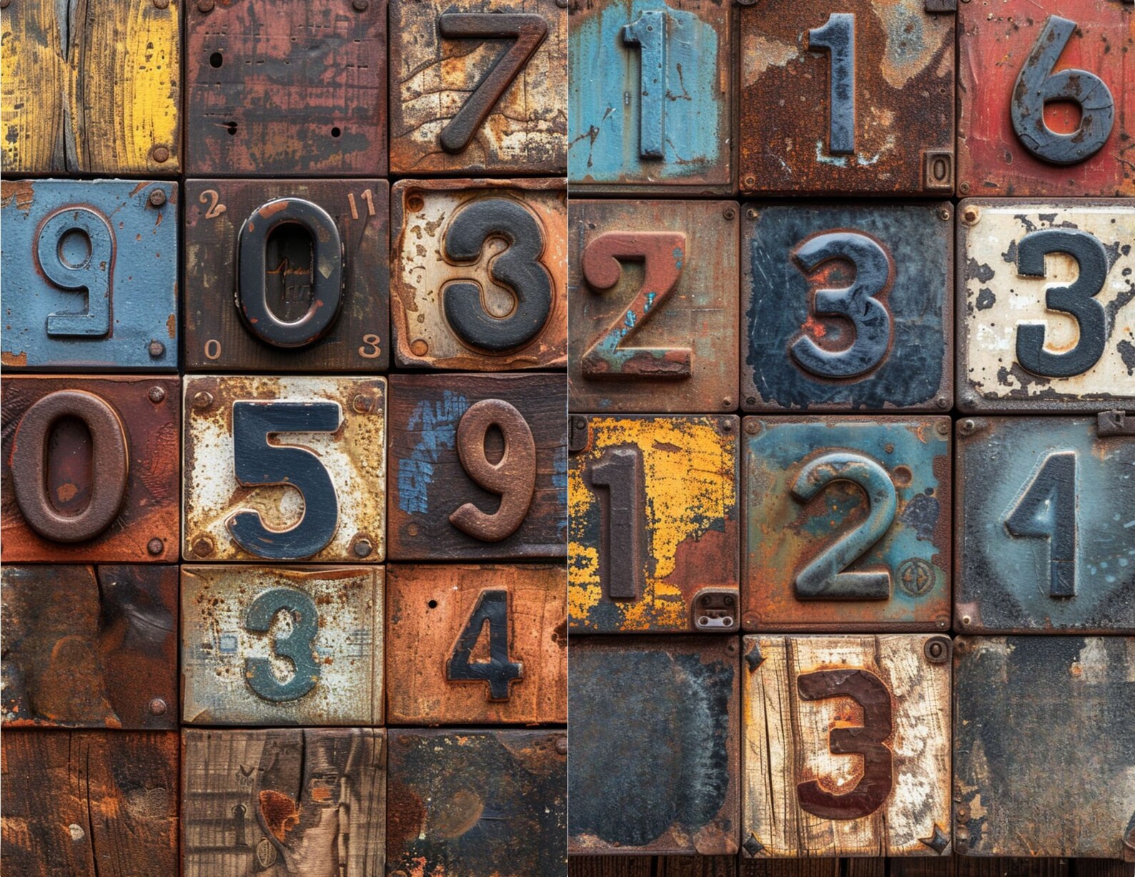 Old Vintage Rustic Number Blocks Mix Media Collage Junk Journal Metal ...