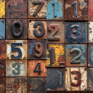 Old Vintage Rustic Number Blocks Mix Media Collage Junk Journal Metal ...