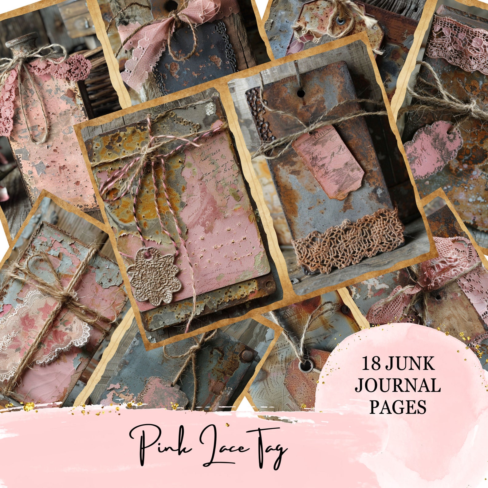 Pink Old Rusty Metal and Lace Mix Media Collage Junk Journal Metal ...