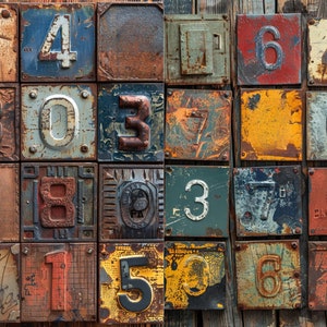 Old Vintage Rustic Number Blocks Mix Media Collage Junk Journal Metal ...