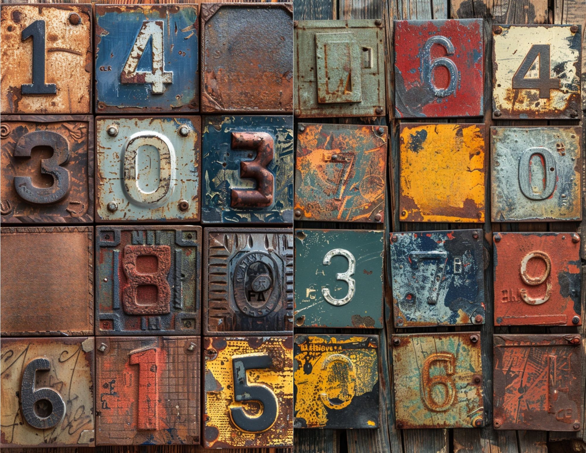 Old Vintage Rustic Number Blocks Mix Media Collage Junk Journal Metal ...