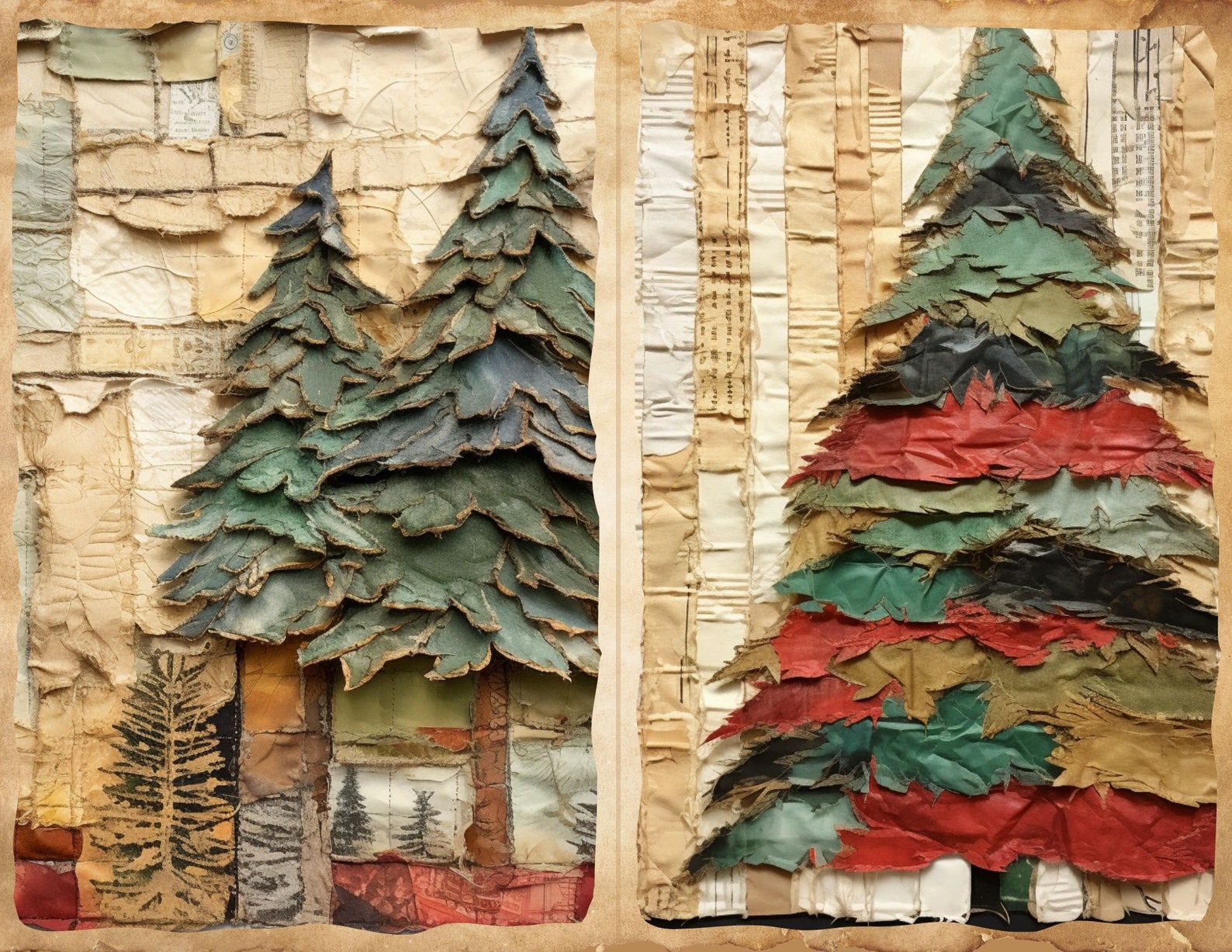 Vintage Mix Media Christmas Tree on Torn Paper Patchwork, Half Page ...