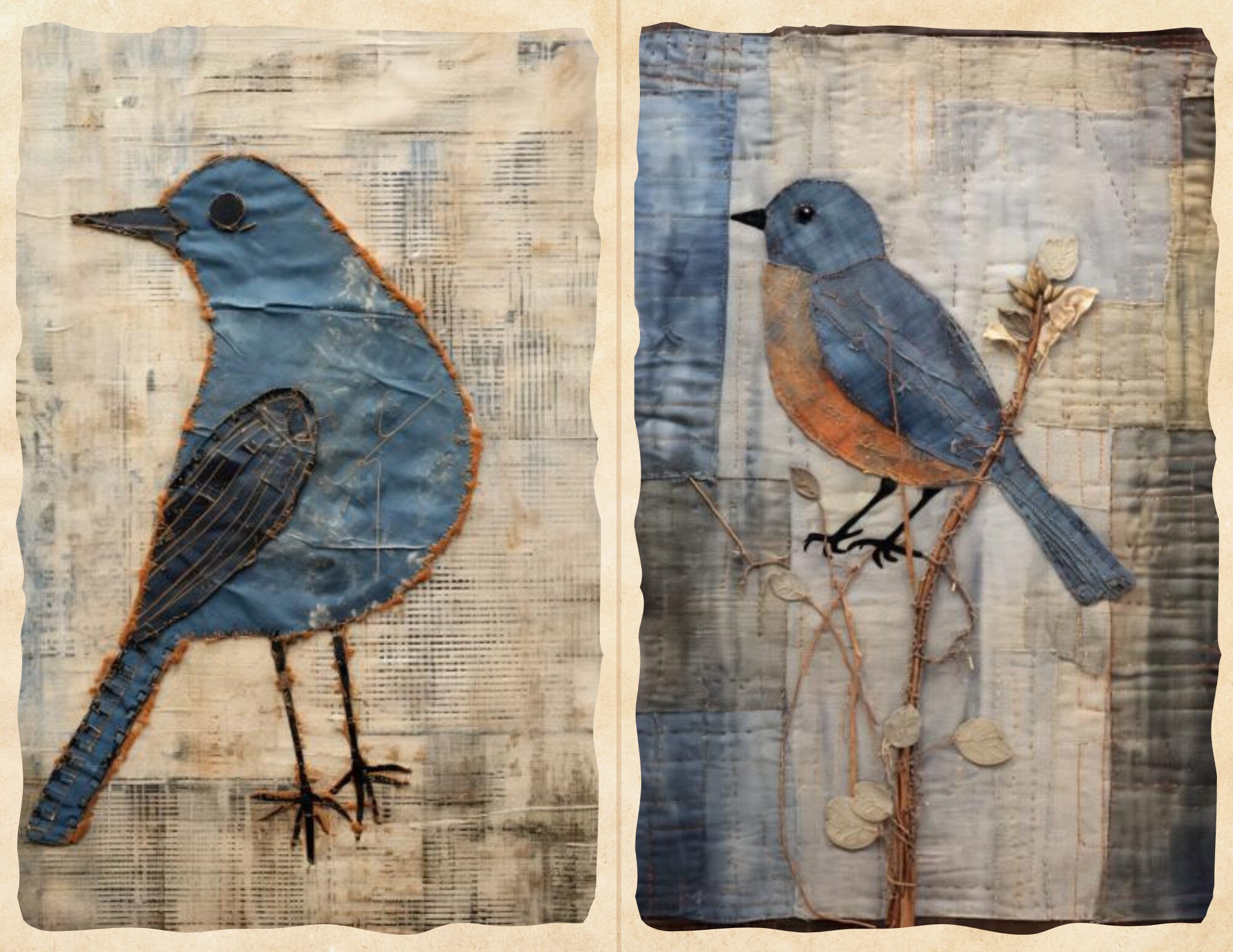 Tattered Denim Birds Junk Journal Supplies / Patchwork Denim Bird Pages ...