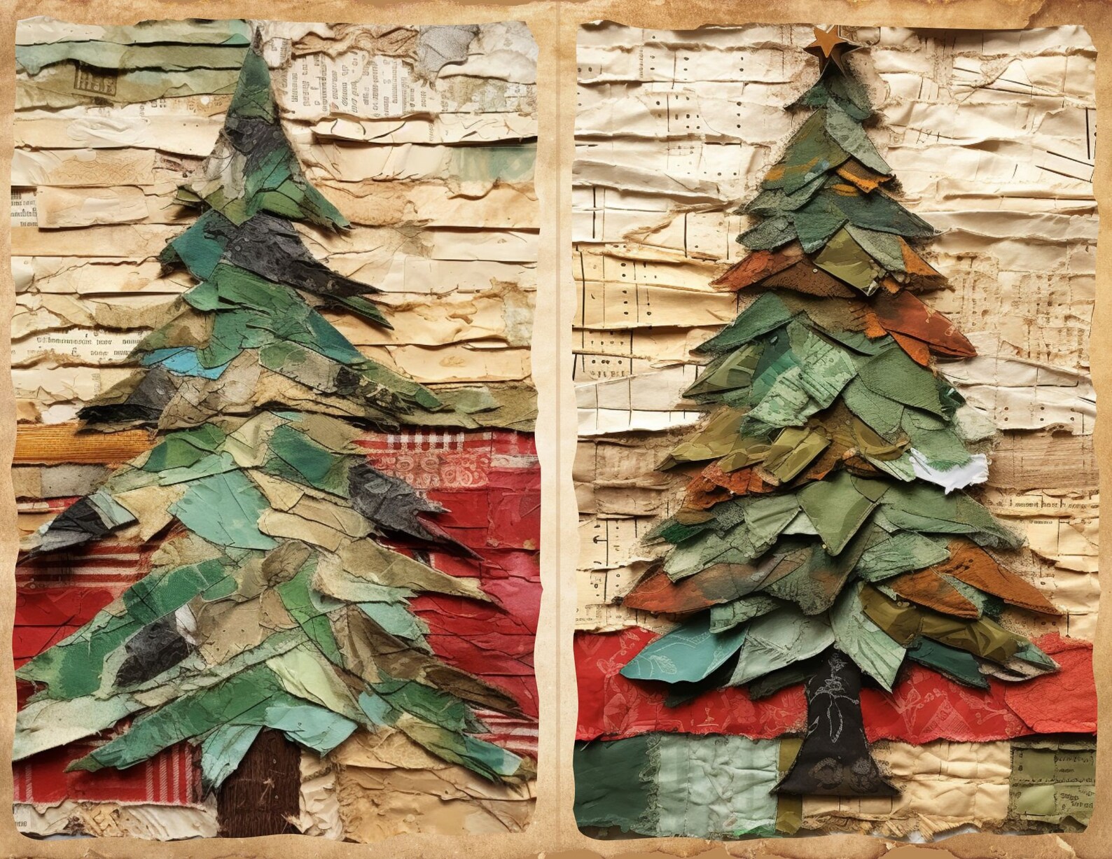 Vintage Mix Media Christmas Tree on Torn Paper Patchwork, Half Page ...