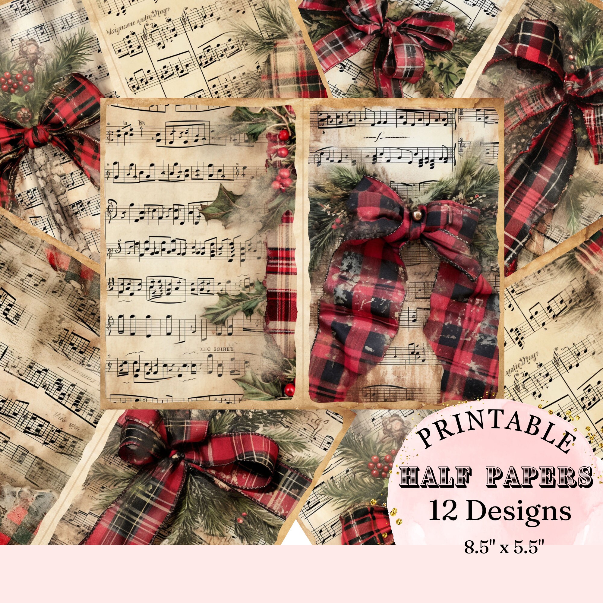 Distressed Music Notes Christmas Half Paper Junk Journal Collage ...