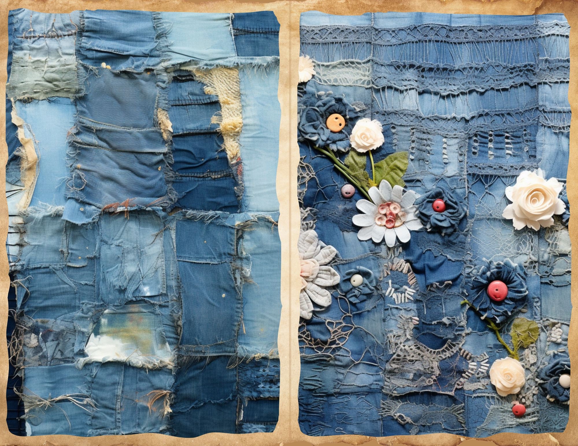 Vintage Tattered Patchwork Denim With Flowers Mix Media Collage Junk ...