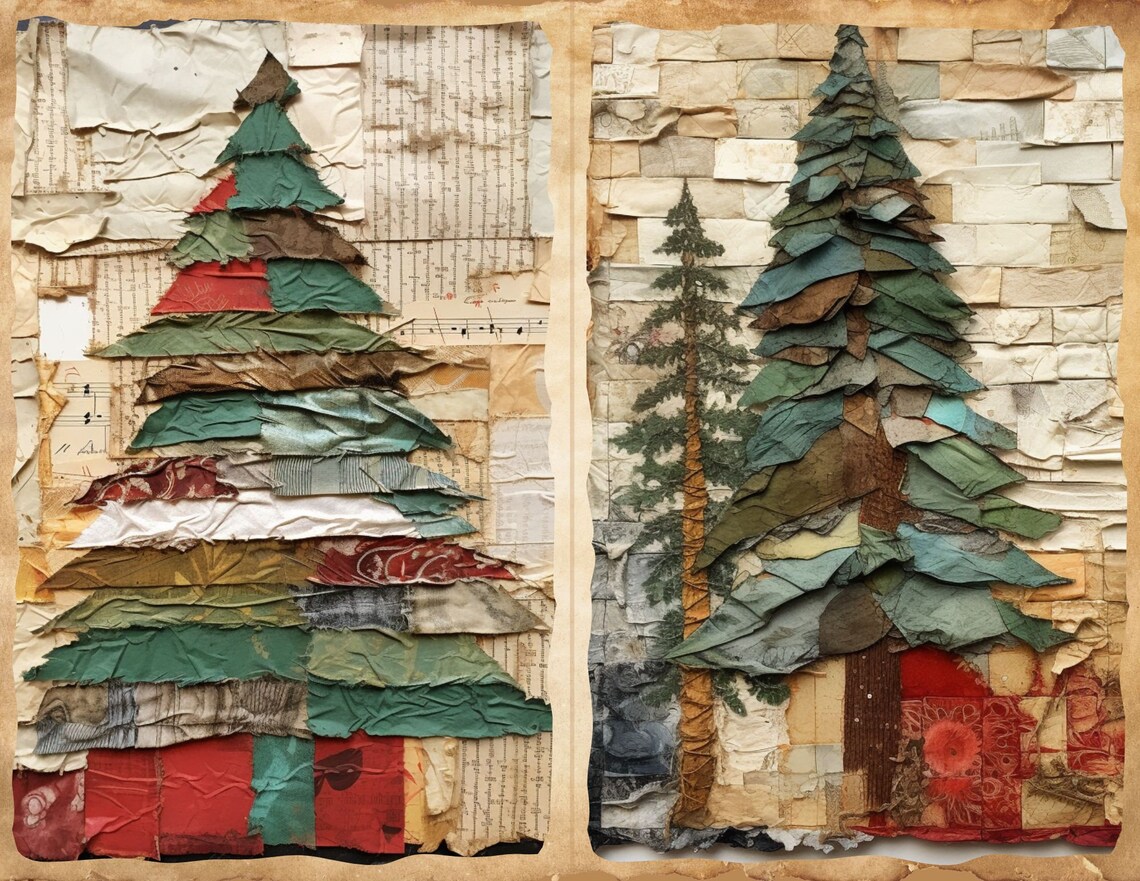 Vintage Mix Media Christmas Tree on Torn Paper Patchwork, Half Page ...