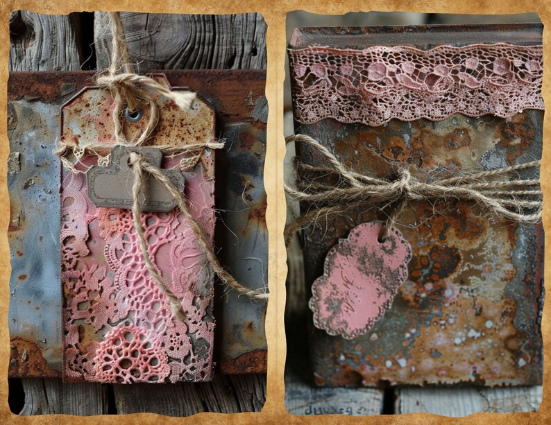 Pink Old Rusty Metal and Lace Mix Media Collage Junk Journal Metal ...