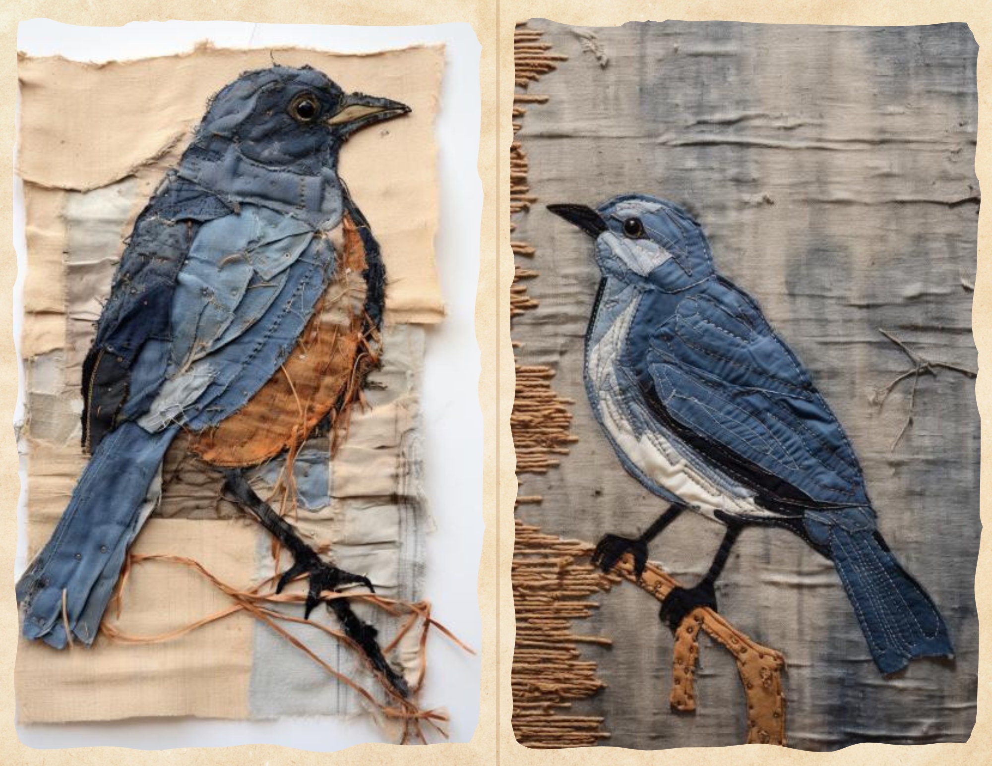 Tattered Denim Birds Junk Journal Supplies / Patchwork Denim Bird Pages ...