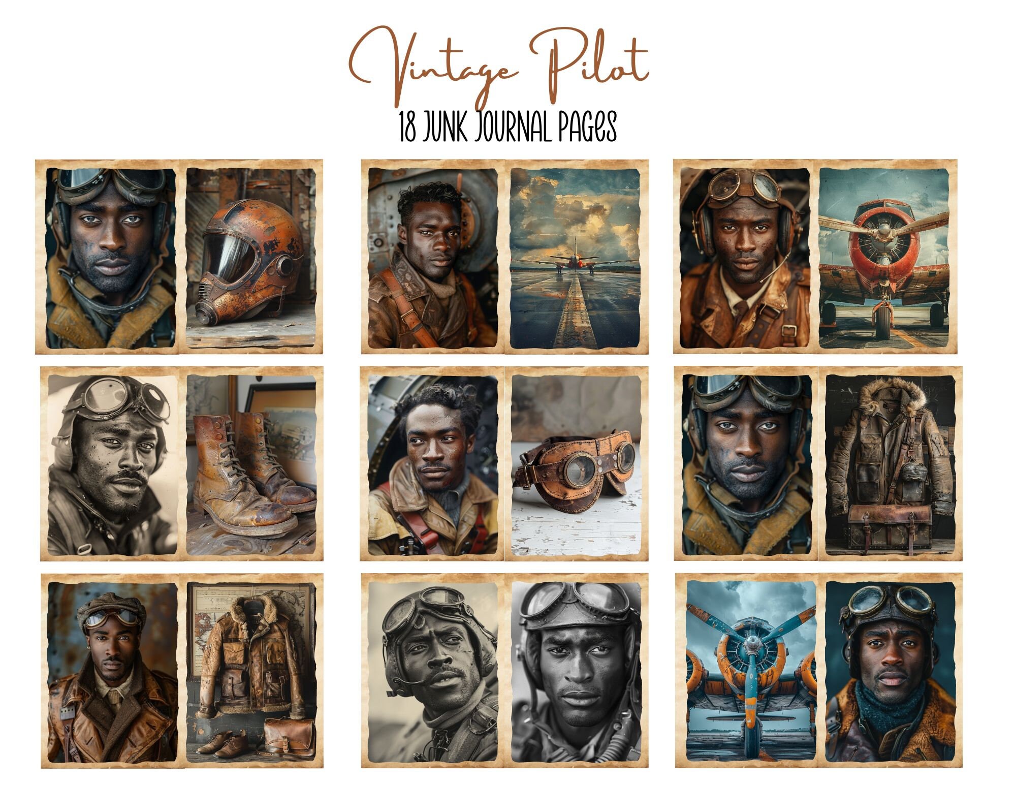 Vintage Black Pilot Junk Journal Pages, Rustic Photo, Airplane Pilot ...