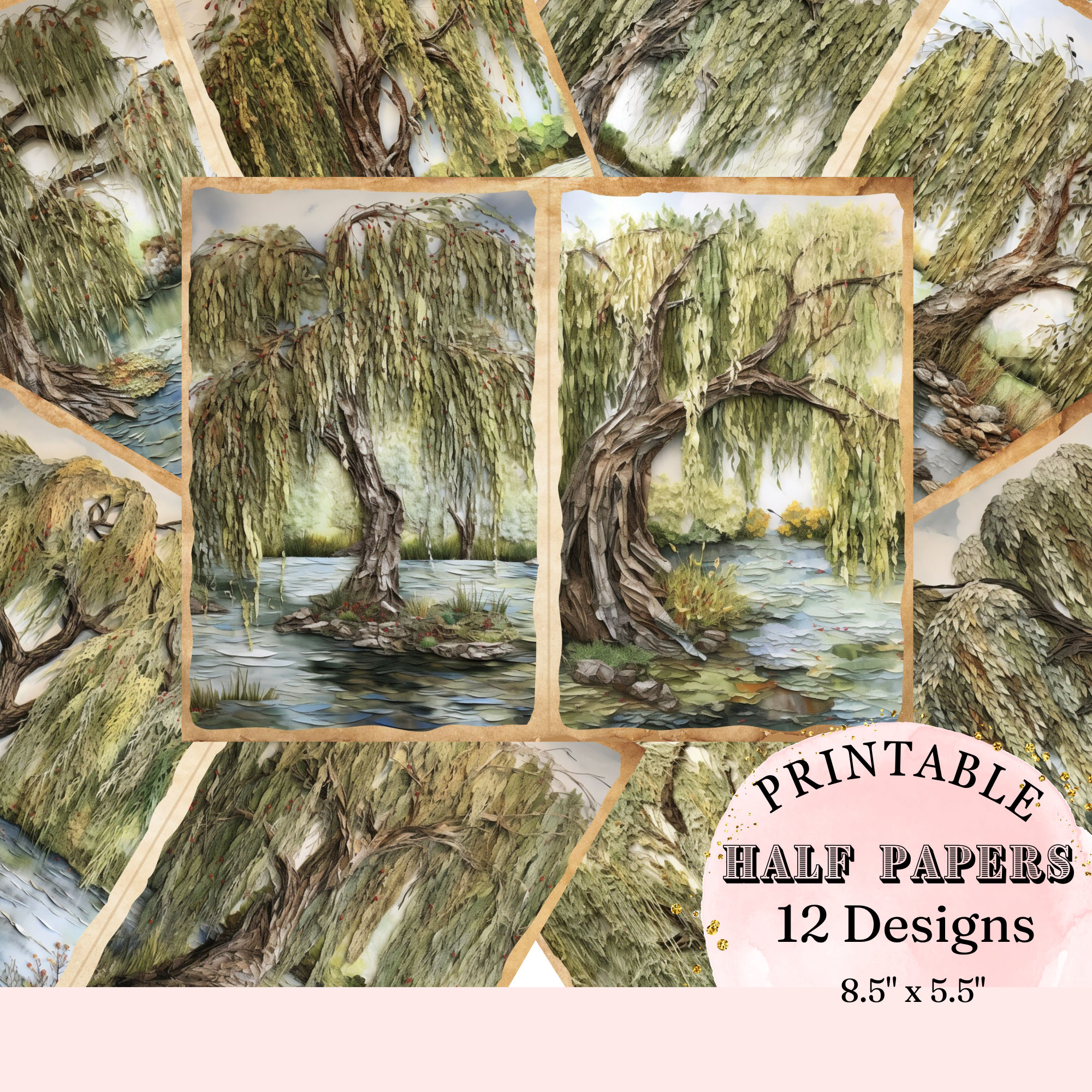 Abstract Weeping Willow Tree Scrapbook Half Pages Junk Journal Collage ...
