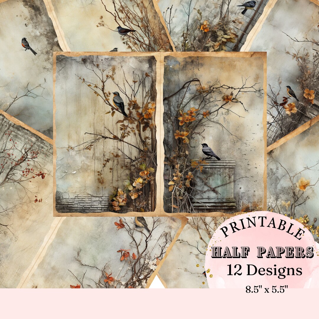 Whimsical Songbird on Branch Half Scrapbook Paper Junk Journal Collage ...