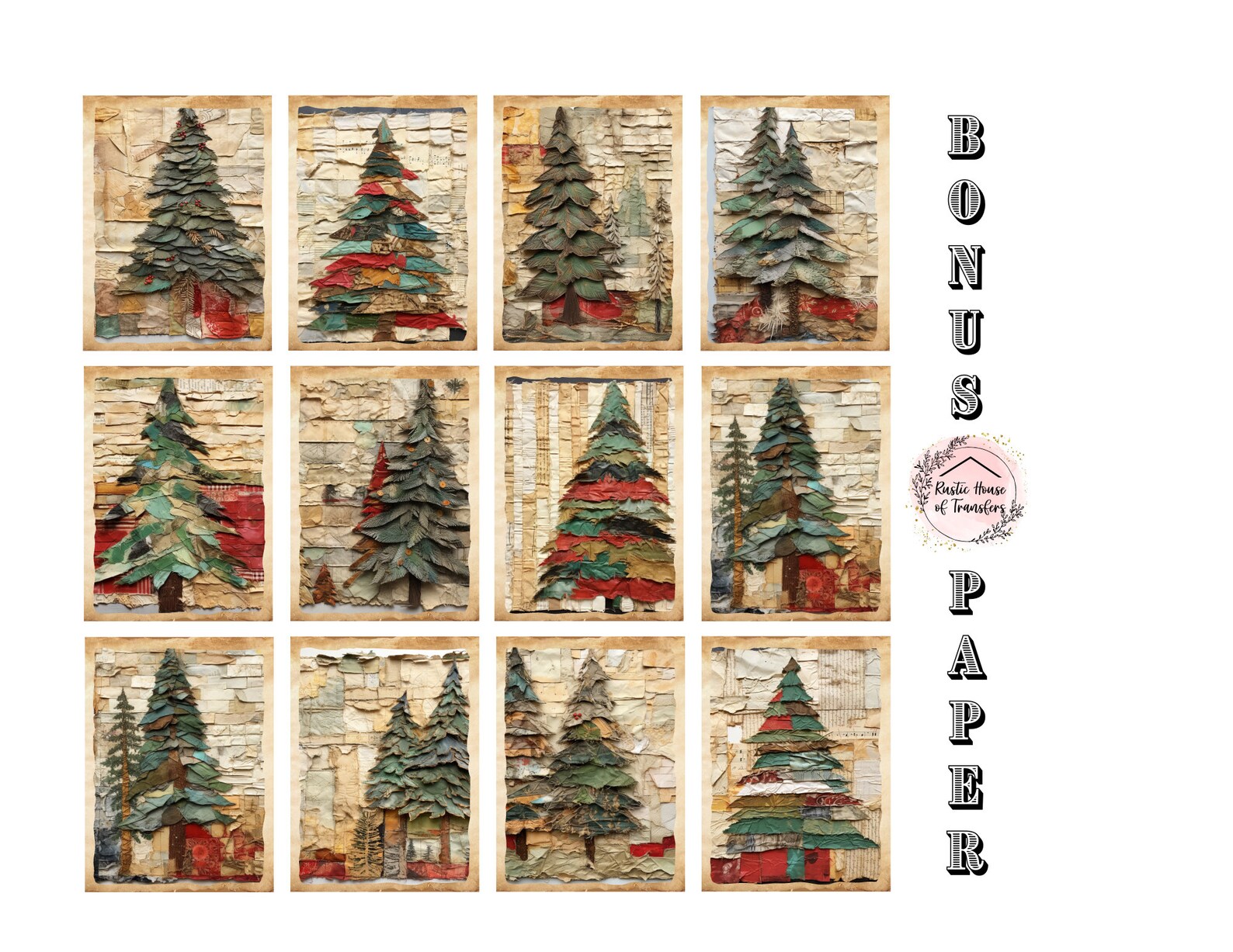 Vintage Mix Media Christmas Tree on Torn Paper Patchwork, Half Page ...
