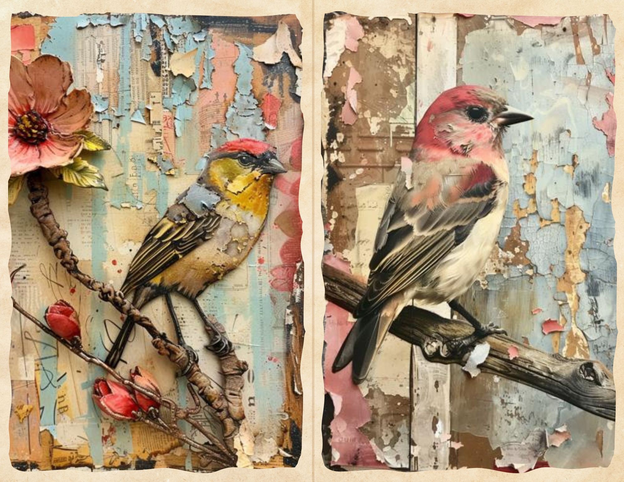 Distressed Birds Junk Journal Pages / Torn Paper Mix Media Bird Cards ...