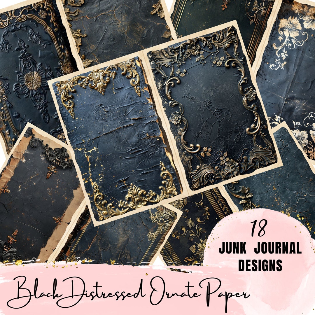 Black Distressed Ornate Paper Gold Trim Design Half Page Junk Journal ...