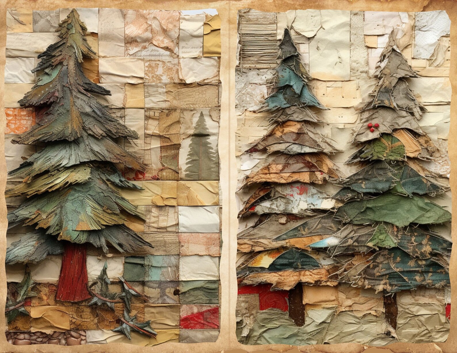 Vintage Mix Media Christmas Tree on Torn Paper Patchwork, Half Page ...