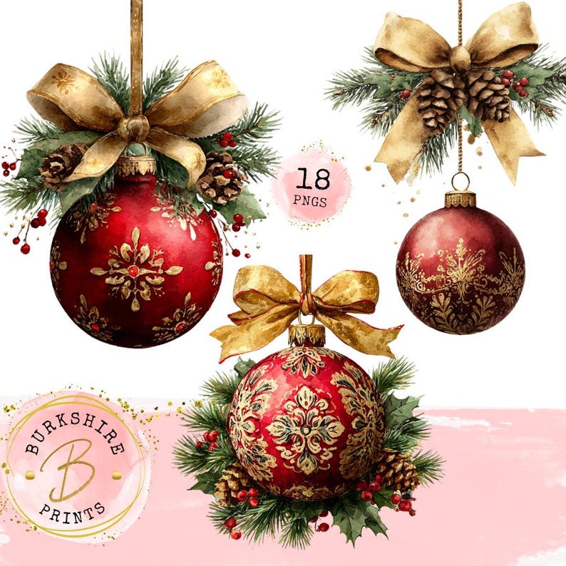 Red & Gold Christmas Ornament Clipart | Watercolor Pinecone Bow ...