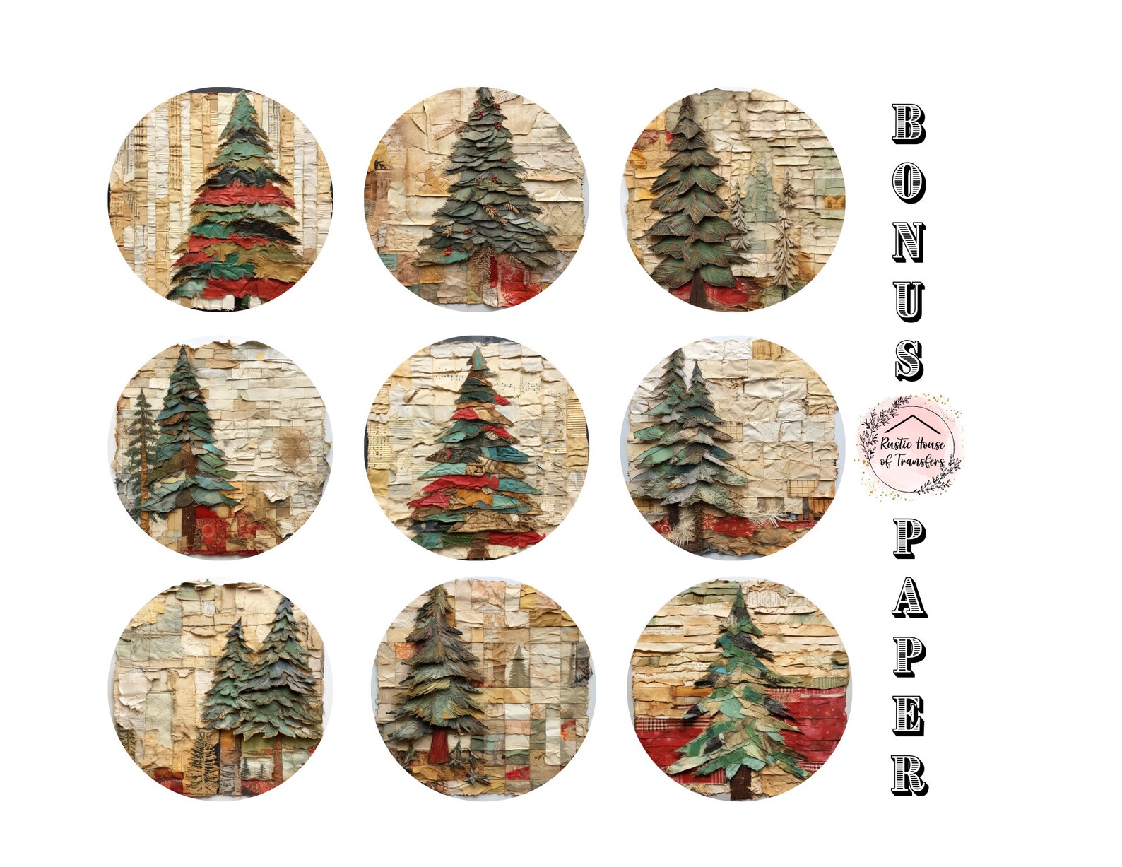 Vintage Mix Media Christmas Tree on Torn Paper Patchwork, Half Page ...
