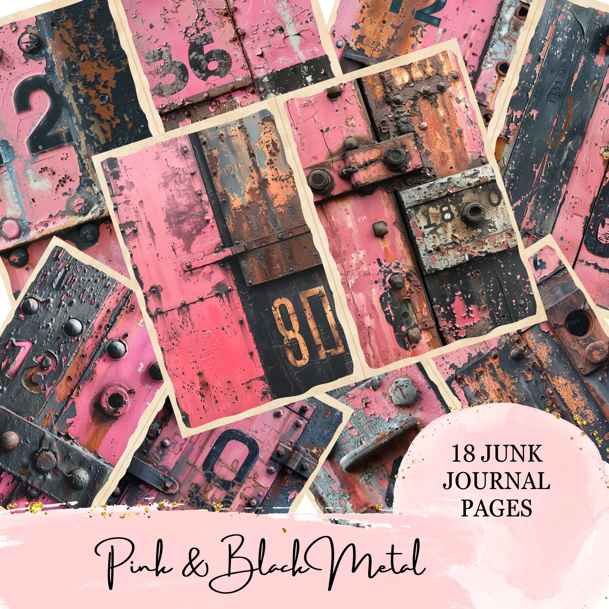 Pink & Black Old Rusty Metal With Numbers Mix Media Collage Junk ...