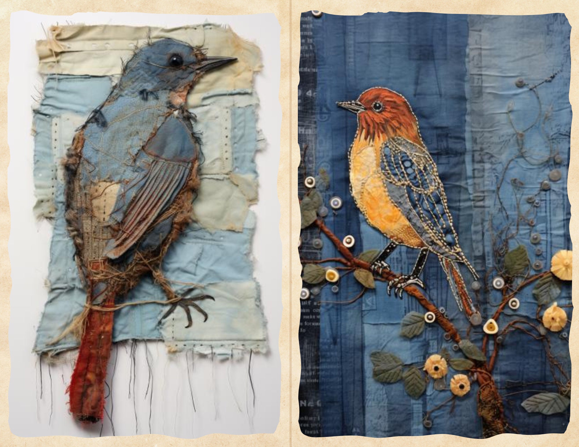 Tattered Denim Birds Junk Journal Supplies / Patchwork Denim Bird Pages ...