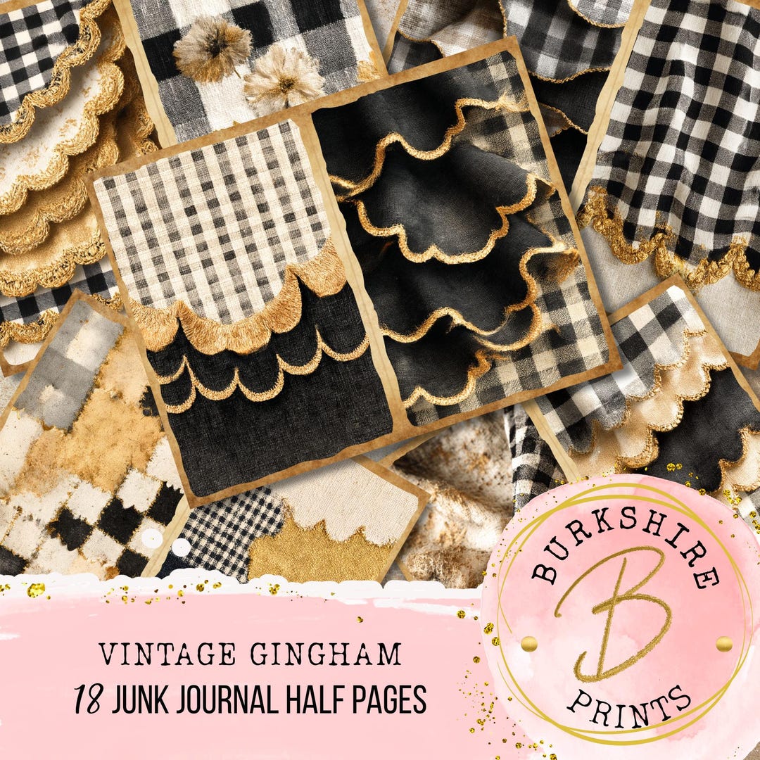 Vintage Black and White Gingham Fabric Digital Pages I Distressed ...