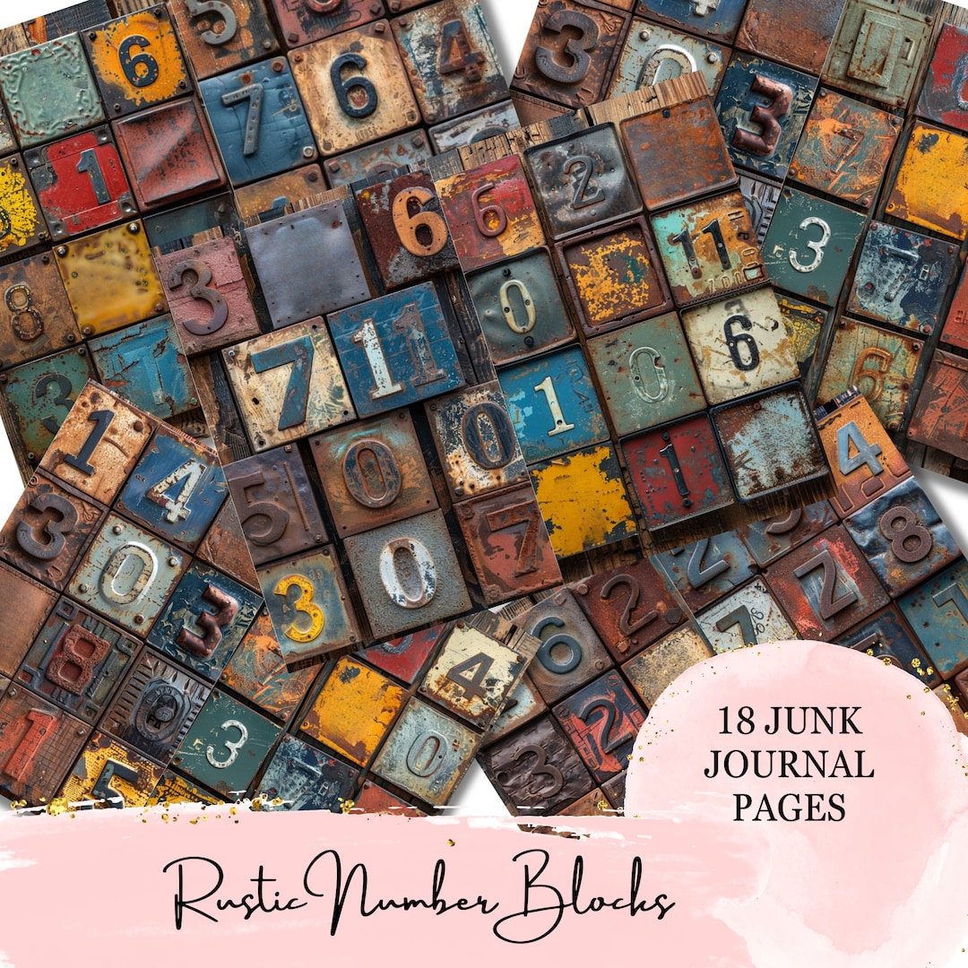 Old Vintage Rustic Number Blocks Mix Media Collage Junk Journal Metal ...