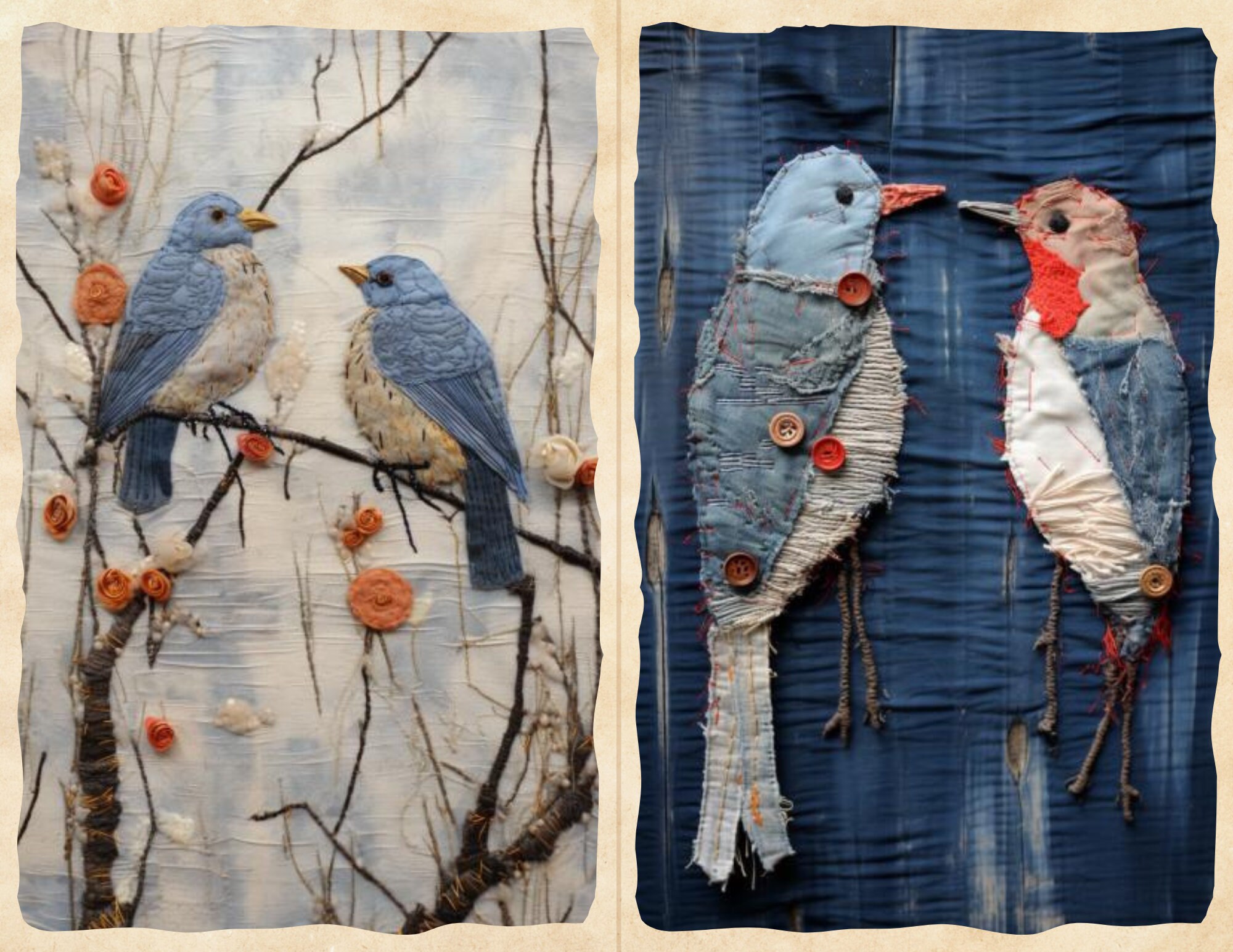 Tattered Denim Birds Junk Journal Supplies / Patchwork Denim Bird Pages ...