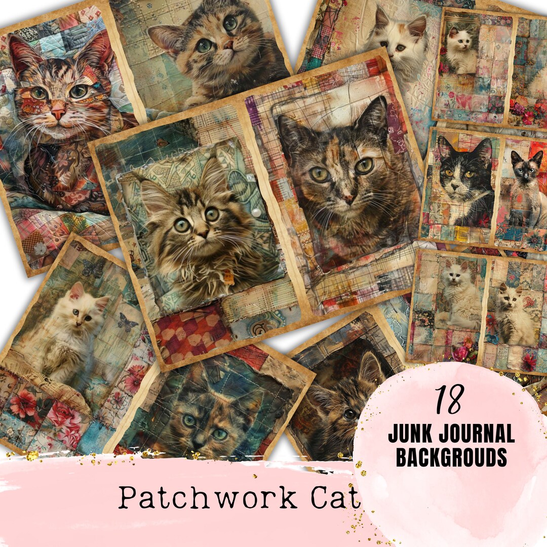 Patchwork Cat Junk Journal Printable Paper I Kitten Half Pages Collage ...