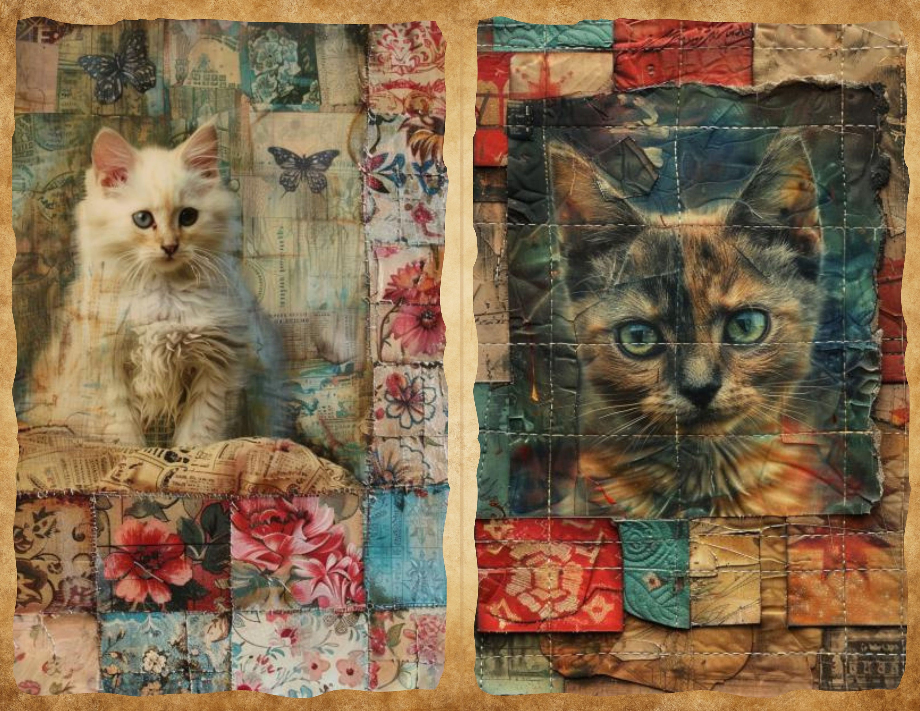 Patchwork Cat Junk Journal Printable Paper I Kitten Half Pages Collage ...