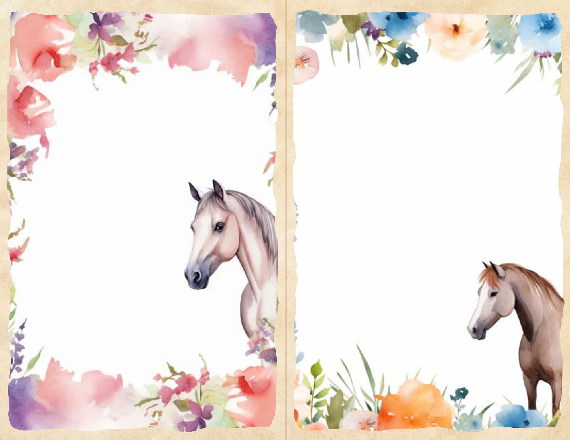 Horse Stationary Paper Border Prints / Flowers Junk Journal Page ...