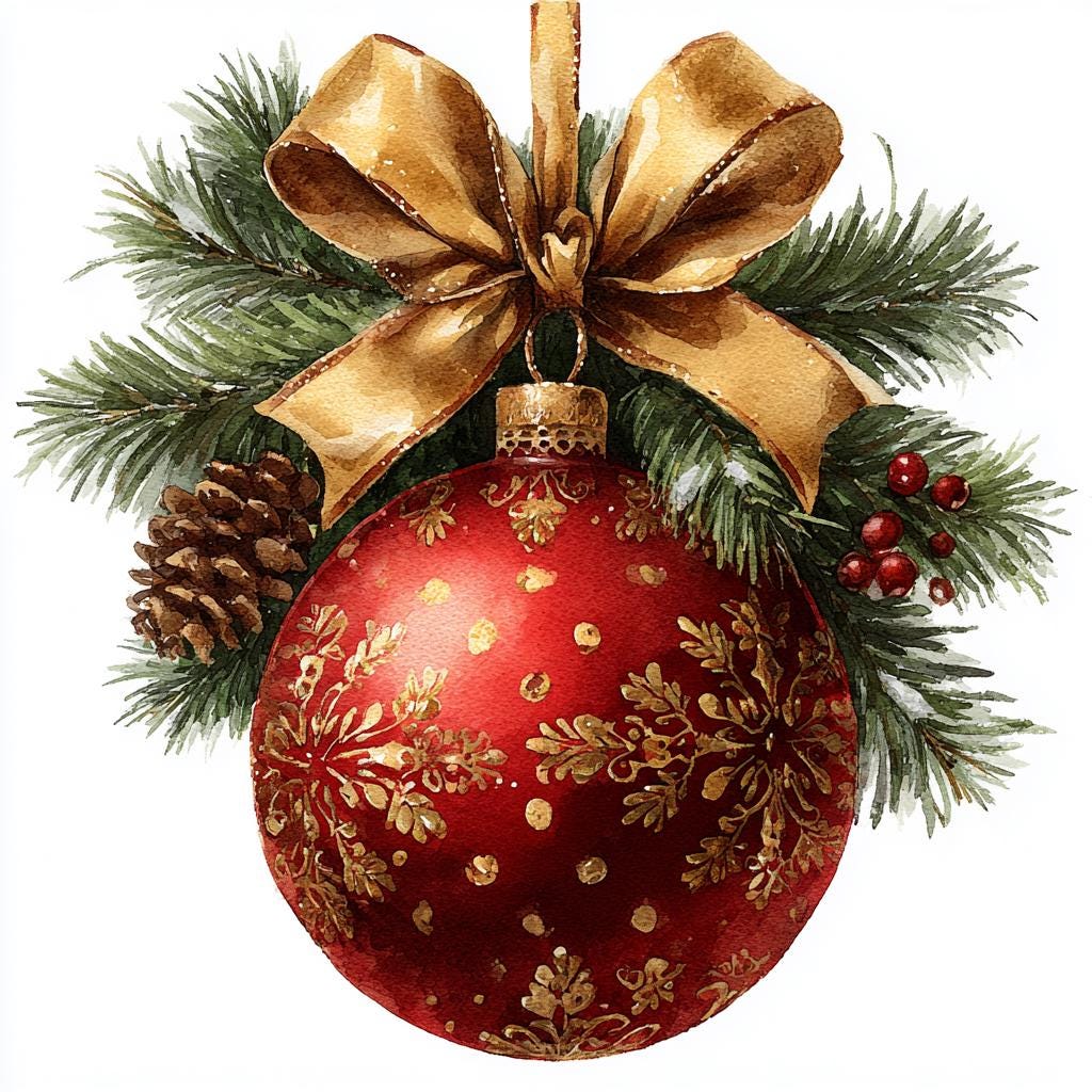 Red & Gold Christmas Ornament Clipart | Watercolor Pinecone Bow ...