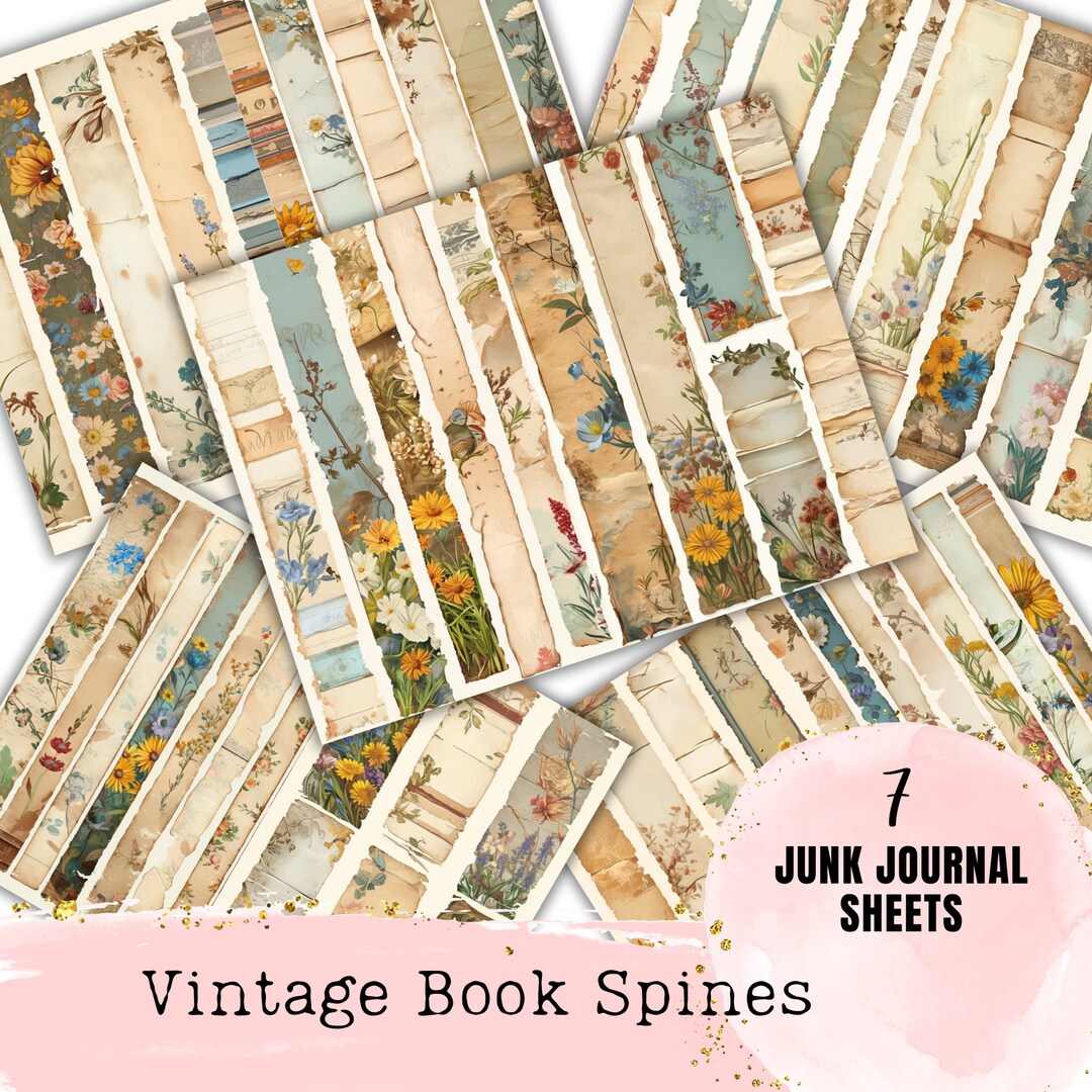Vintage Botanical Book Spine Strips Mix Media Faux Book Spine Collage ...