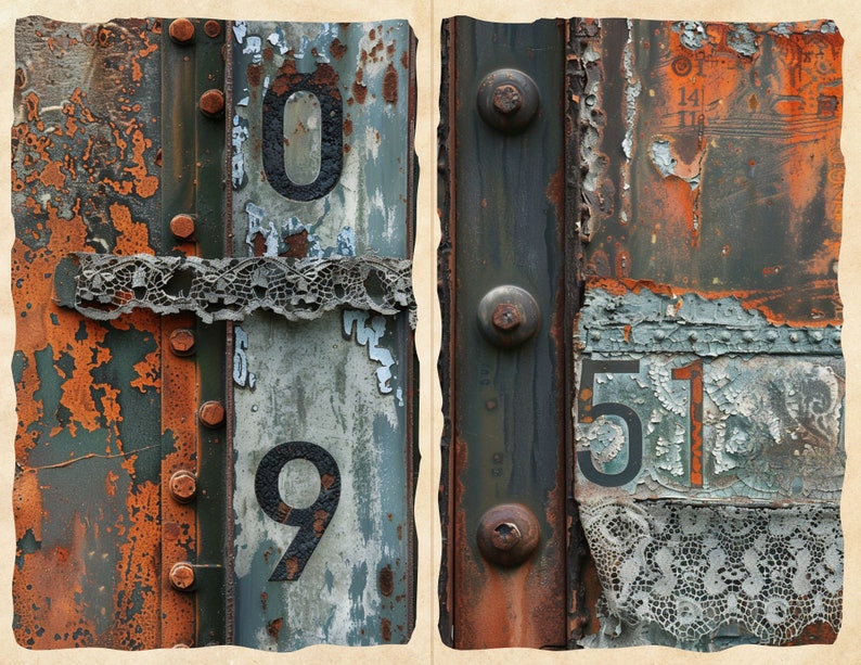 Rustic Metal and Lace With Numbers Mix Media Collage Junk Journal Metal ...