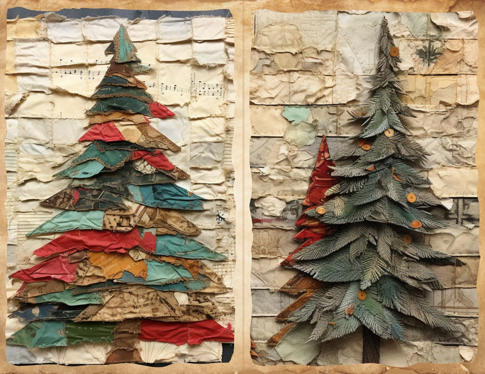 Vintage Mix Media Christmas Tree on Torn Paper Patchwork, Half Page ...