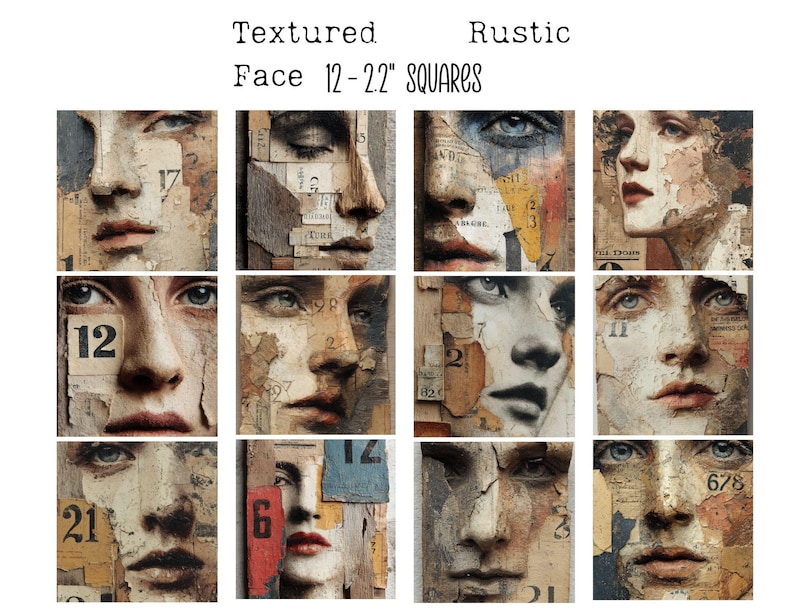 Textured Rustic Female Face Mixed Media Art, Distressed Numbers ...