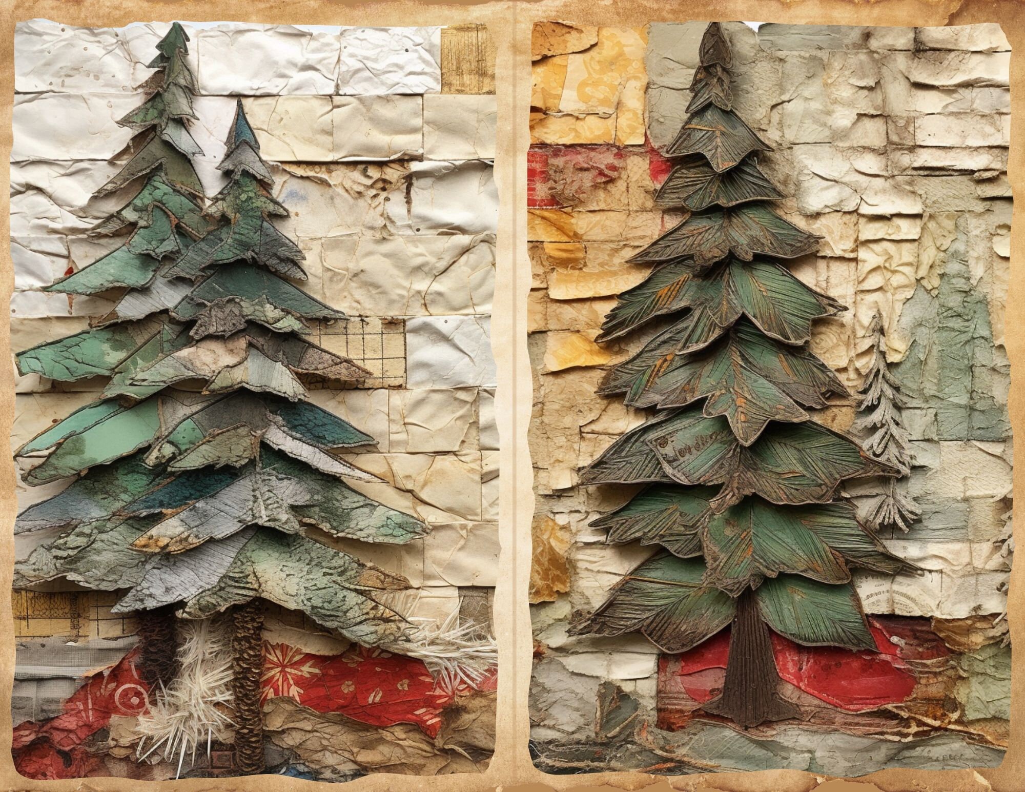Vintage Mix Media Christmas Tree on Torn Paper Patchwork, Half Page ...