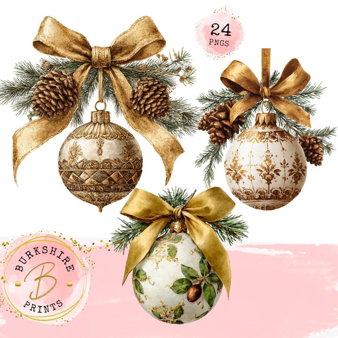 Gold Christmas Ornament Clipart | Vintage Watercolor Pinecone Bow (24 ...