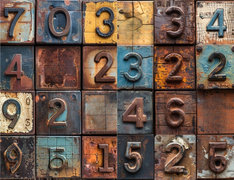 Old Vintage Rustic Number Blocks Mix Media Collage Junk Journal Metal ...