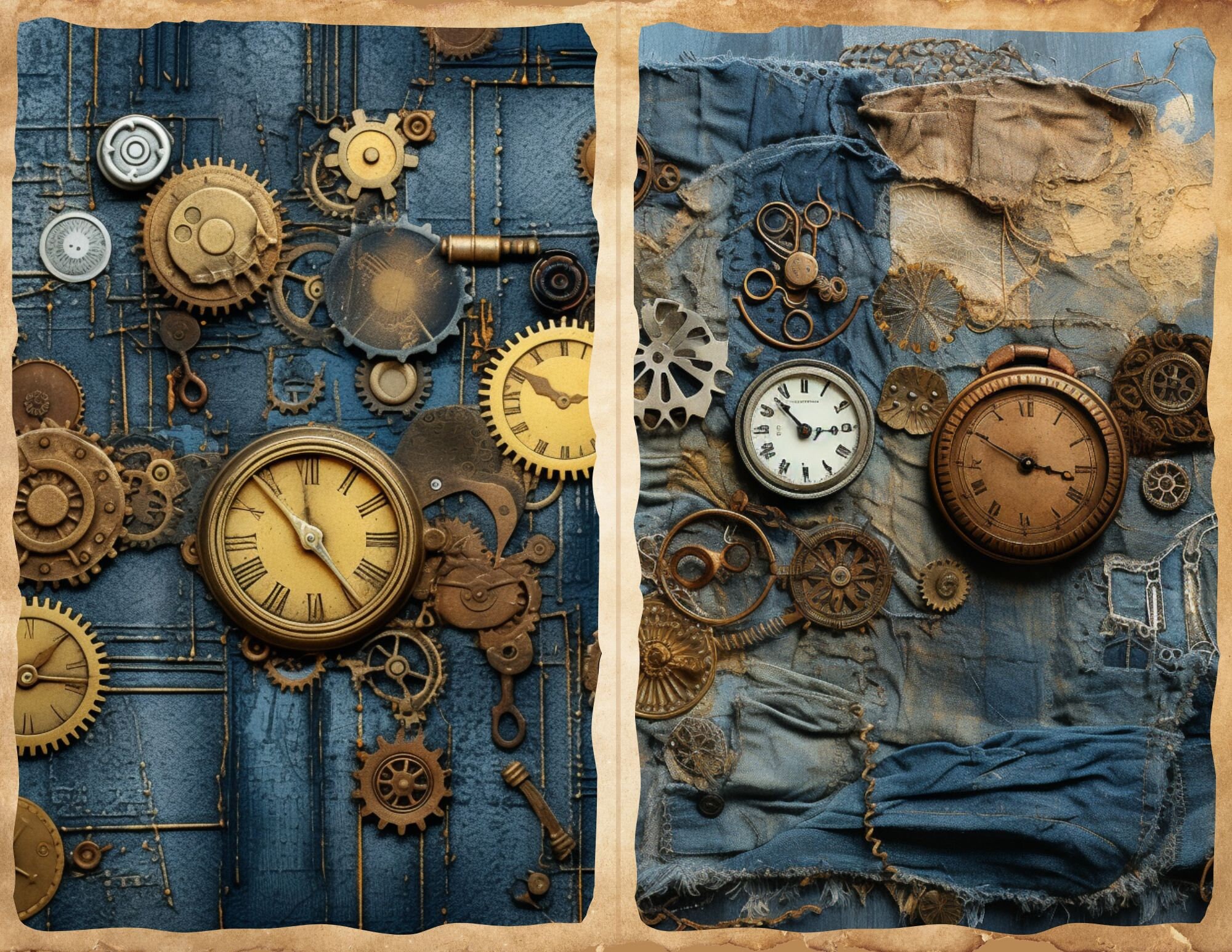 Denim Distressed Vintage Clock and Gears Steampunk Half Paper - Etsy