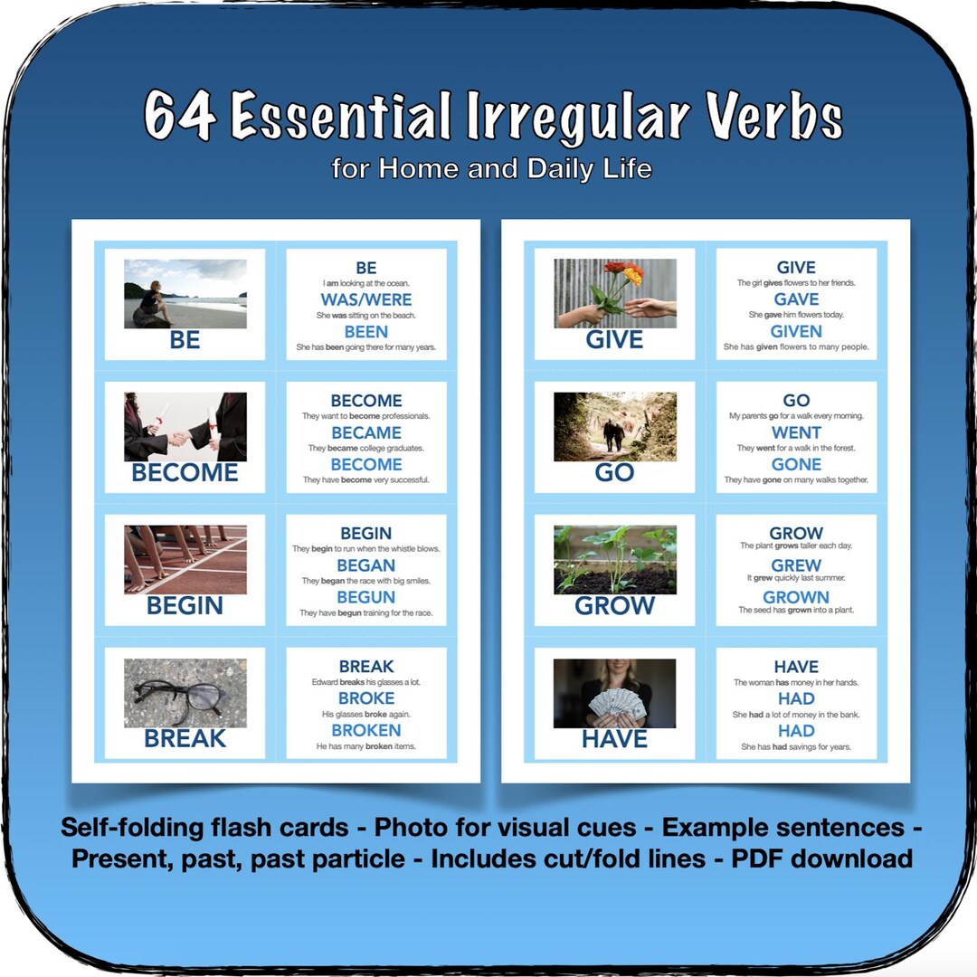 64 Essential Irregular Verbs: Print and Fold Flash Cards - Etsy