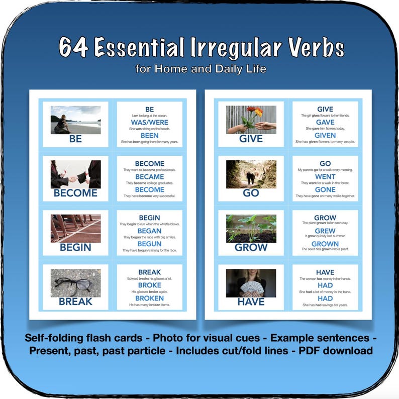 64 Essential Irregular Verbs: Print and Fold Flash Cards - Etsy