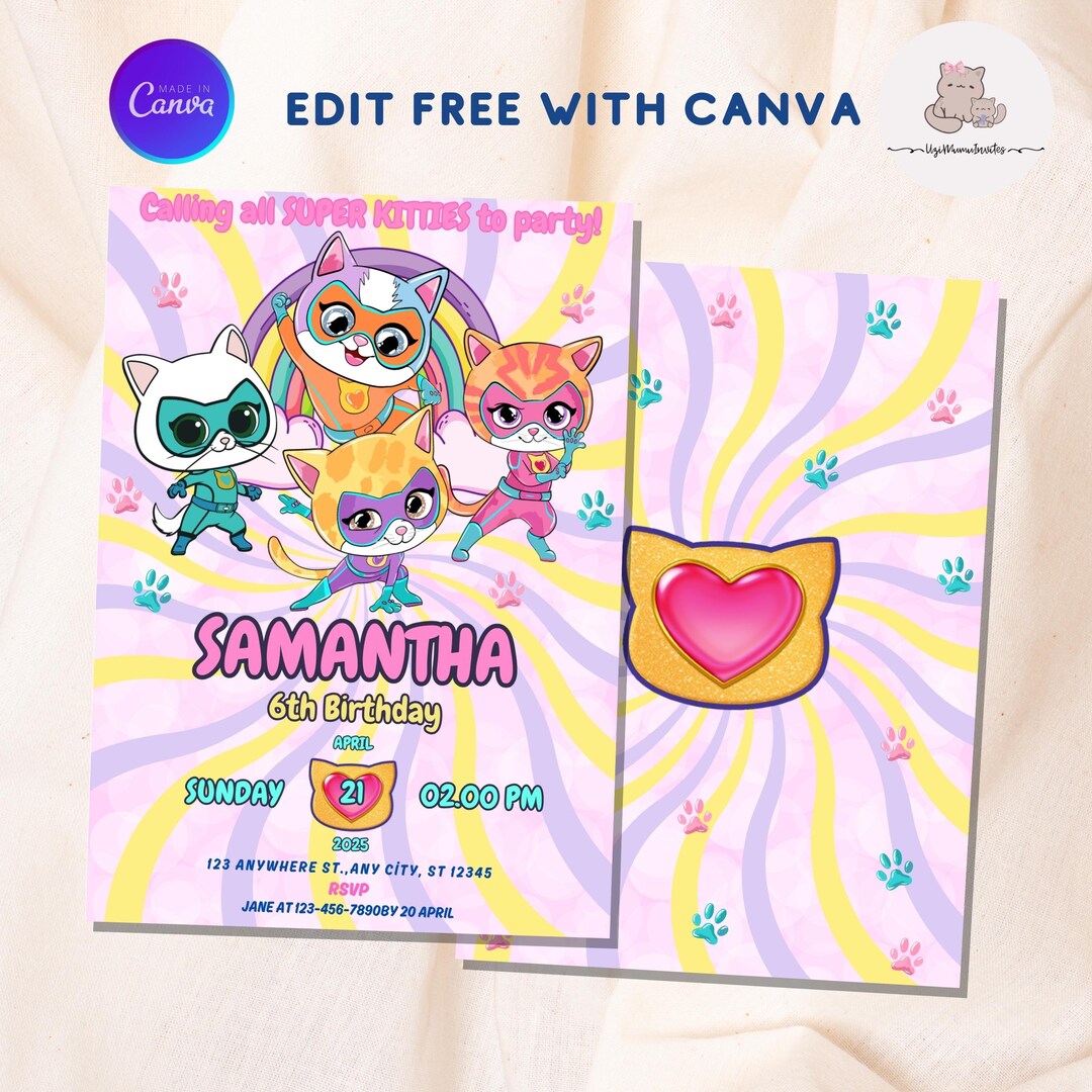 Cats Birthday Invitation Template Girl Editable Cats Digital Invitation ...