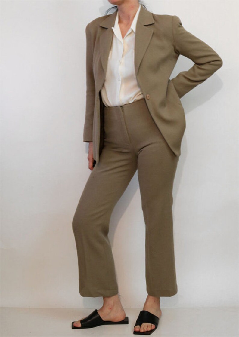 Putty Wool 2pc Pant Suit / Vintage 1980s 1990s Tiny Fit Muddy Sage Pure ...