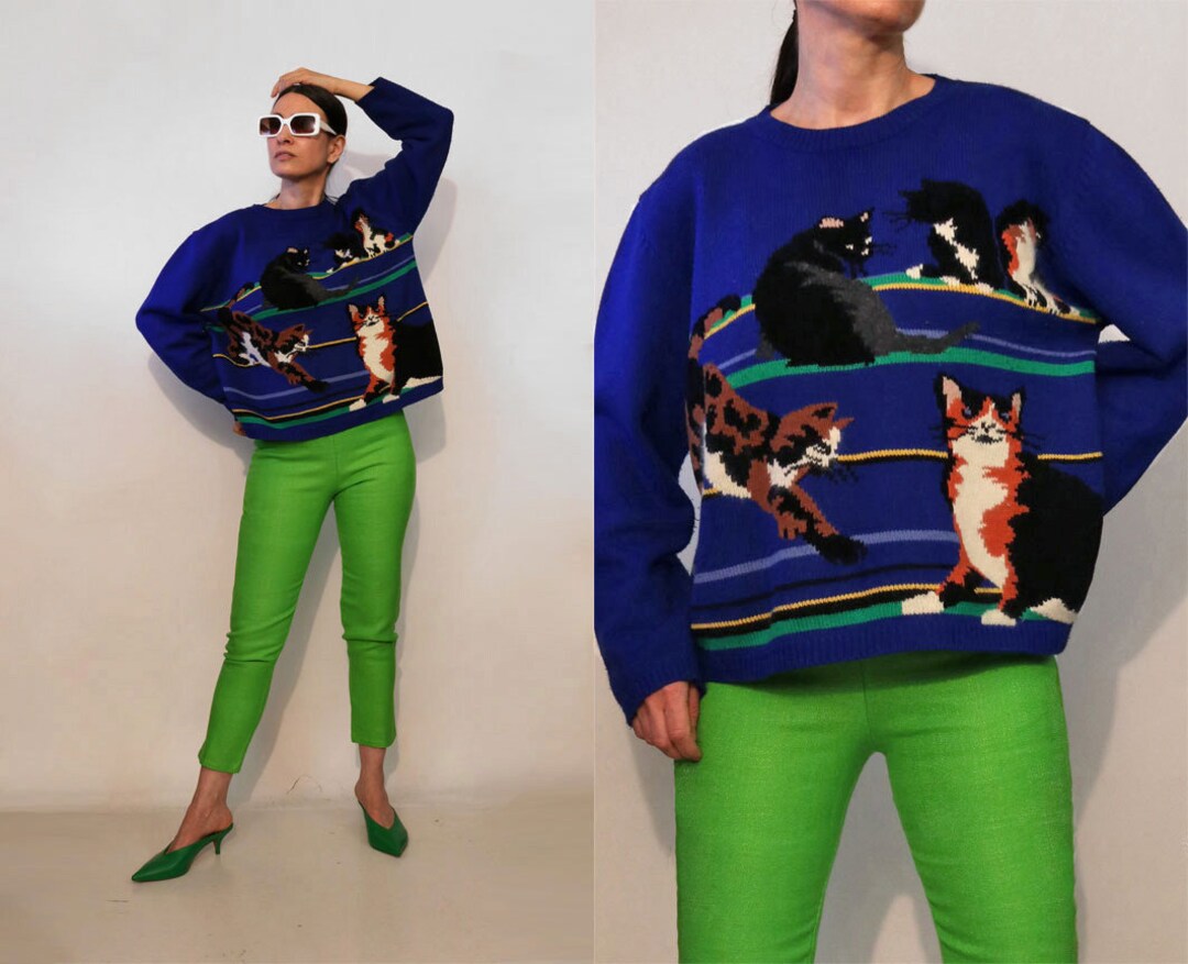 Cobalt Intarsia Calico Cat Sweater / Vintage 1990s Susan Bristol Cobalt ...