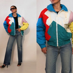 Abstract Color Block Puffer Jacket W/ Hood / Vintage 1980s Light + Dark ...