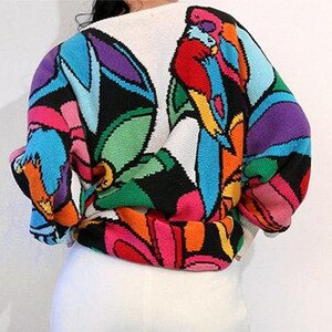 Rainbow Tropical Parrot Cotton Knit Sweater / Vintage White Multi ...